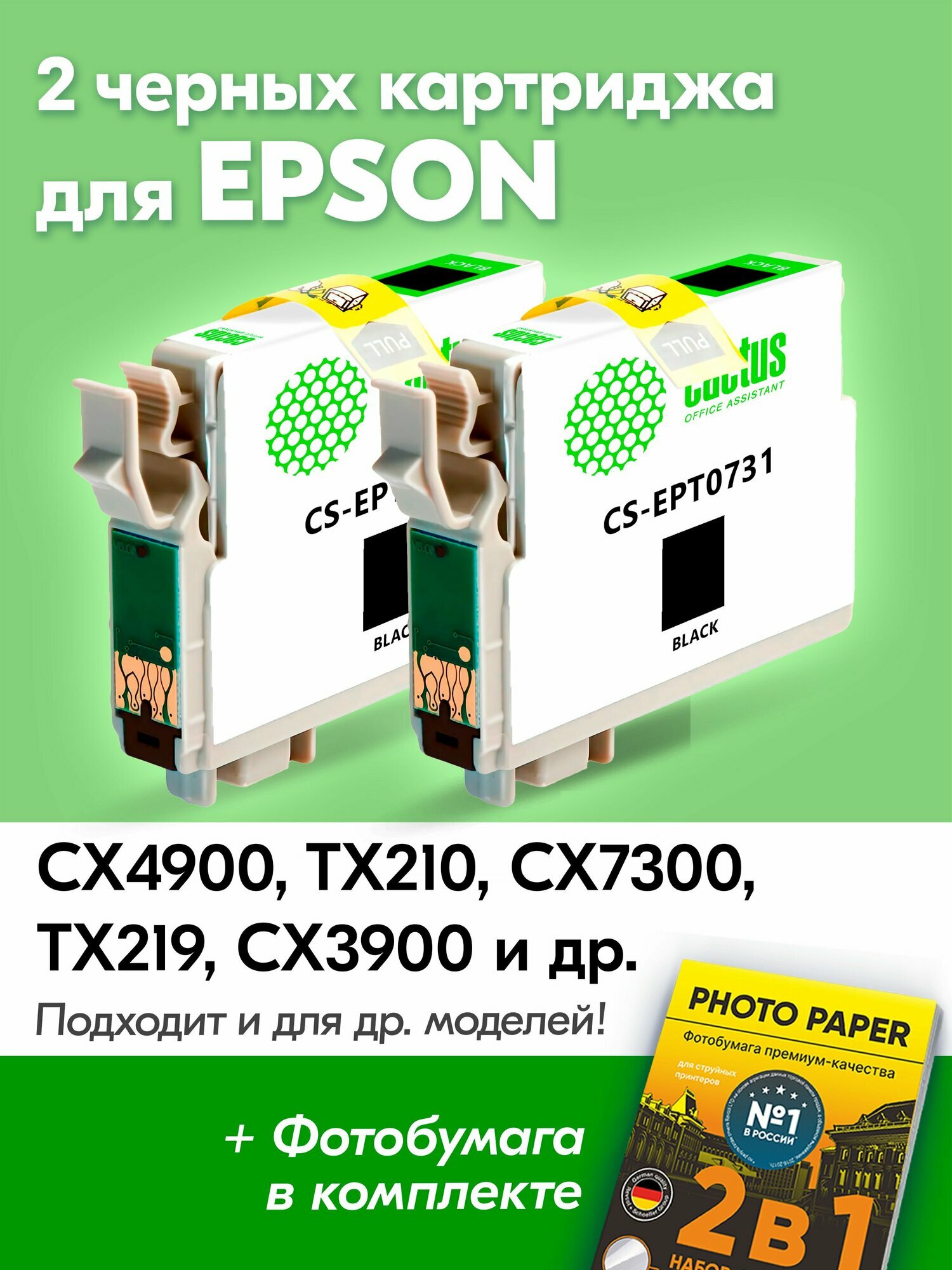 Картриджи к Epson T0731, Stylus CX4900 TX219 TX210 CX7300 CX3900 (Комплект из 2 шт) с чернилами (с краской) для струйного принтера, Черный (Black), увеличенный объем, заправляемые