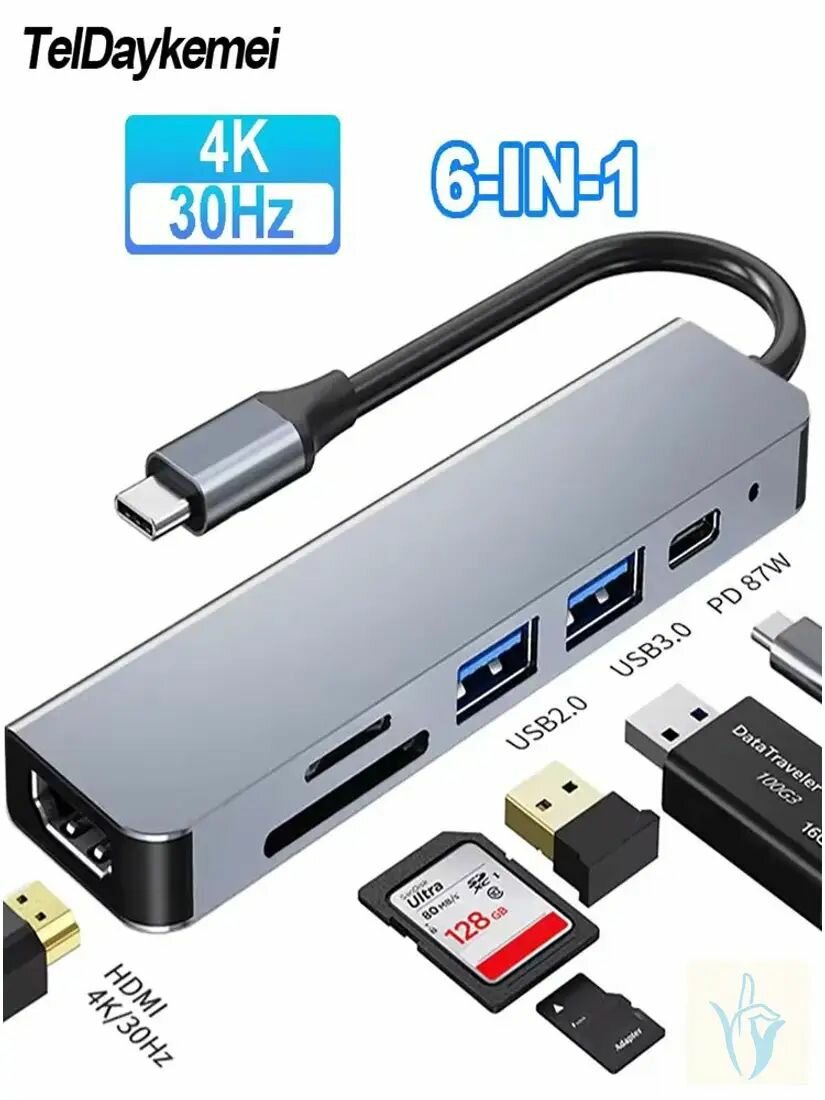 USB C HUB 4K 30Гц Type C to HDMI PD 87W USB-адаптер USB 3.0 HUB TF SD Multi Converter для Macbook Air Pro