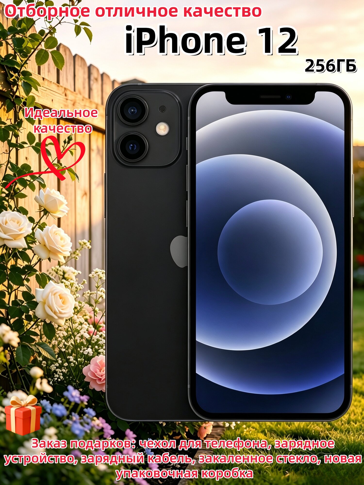 Смартфон Apple iPhone 12, 256 ГБ, чёрный, 6,1-дюймовый OLED-дисплей, поддерживает Nano-SIM + eSIM.
