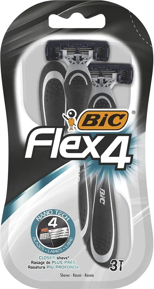 Мужская бритва BIC Flex 4, 3-секционный блистер (4 лезвия), 4 независимо движущихся лезвия, подвижная головка, увлажняющая гелевая полоска, обогащенная алоэ вера