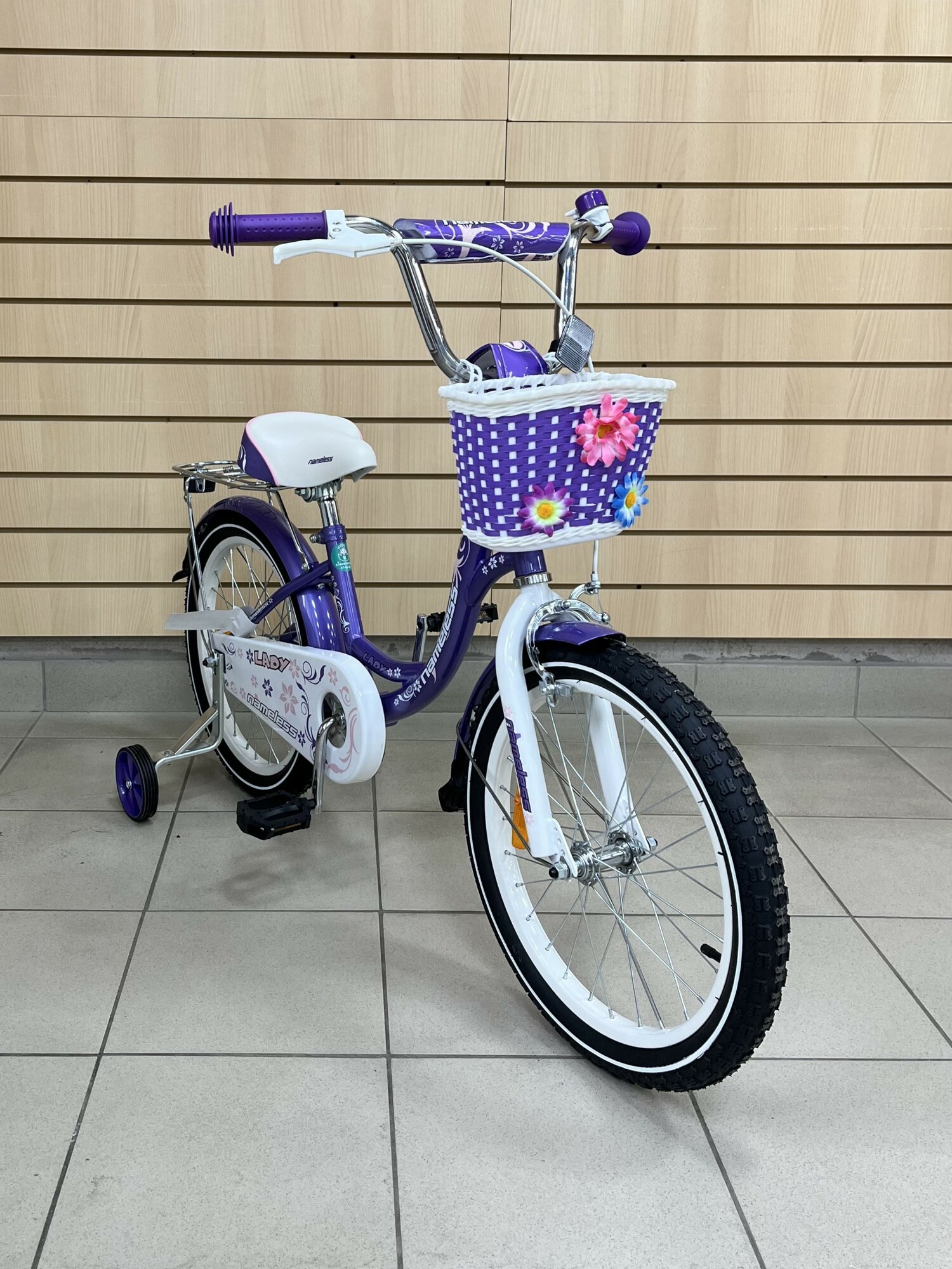 Детский велосипед BREND NAMELESS ORIGINAL LADY, диаметр колес 18", с корзиной, рама сталь, фиолетовый