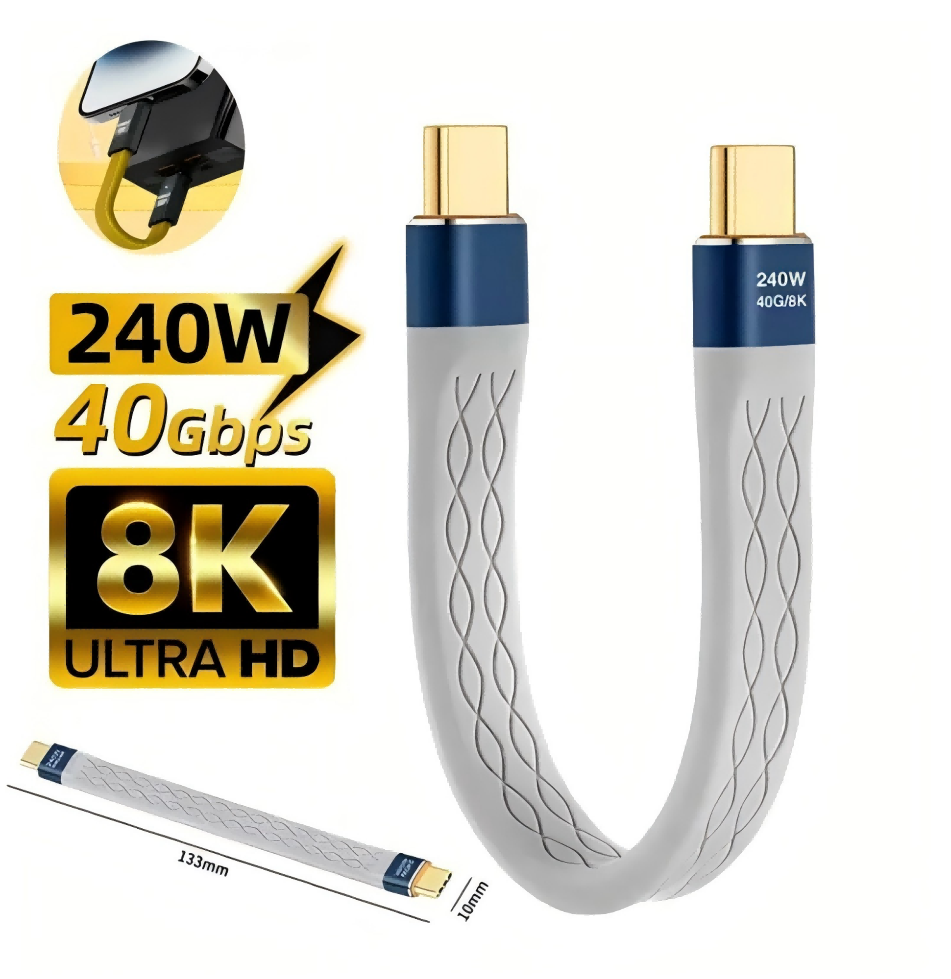 Кабель USB-C 13см 40Gbps, поддержка Thunderbolt 3, PD100W, 8K@60Hz, для зарядки и передачи данных