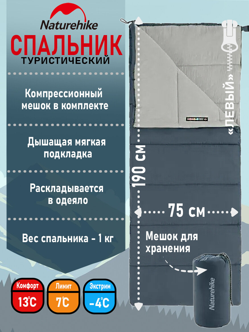 Спальный мешок Naturehike F150 NH22MSD05 туристический одноместный теплый