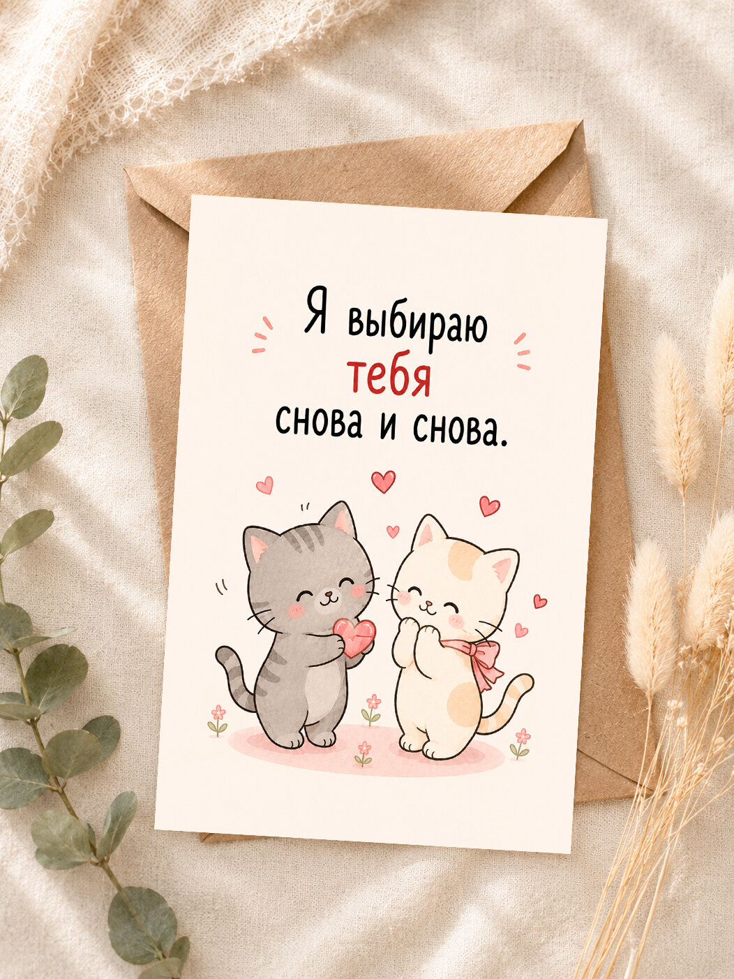 Открытка "Я выбираю тебя снова и снова", романтичная с котиками и сердцем, конверт, 10х15