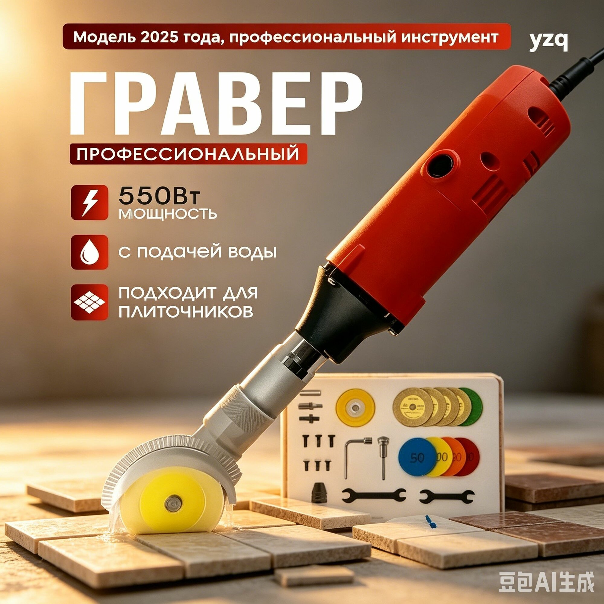 Гравер угловой 550 Вт для керамогранита электрический с подачей воды и насадками