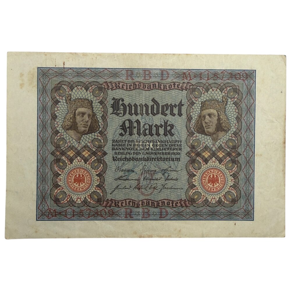Веймарская республика (Германия) 100 марок 1920 г. (Литера C) (Серия M) (7-значный номер)