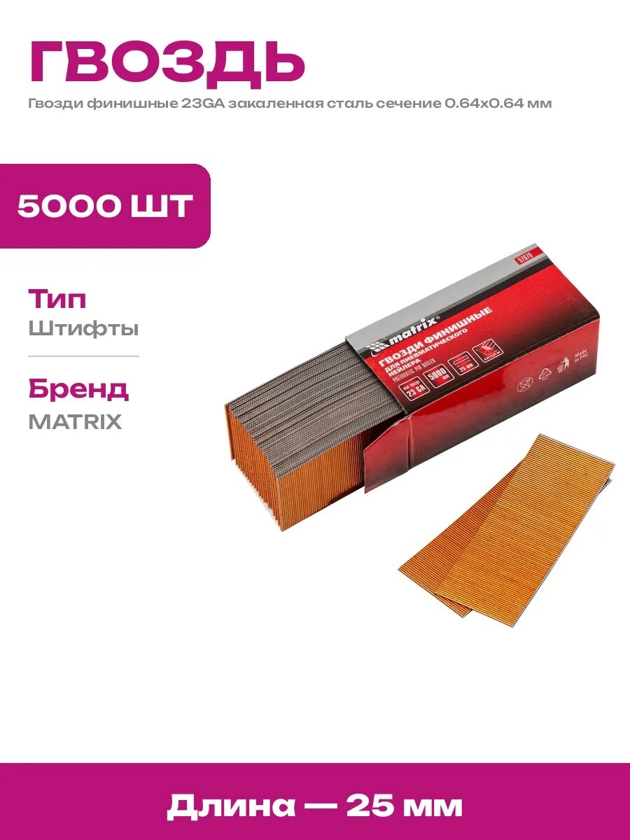 Гвозди финишные 23GA длина 25 мм сечение 0.64х0.64 мм тип PN