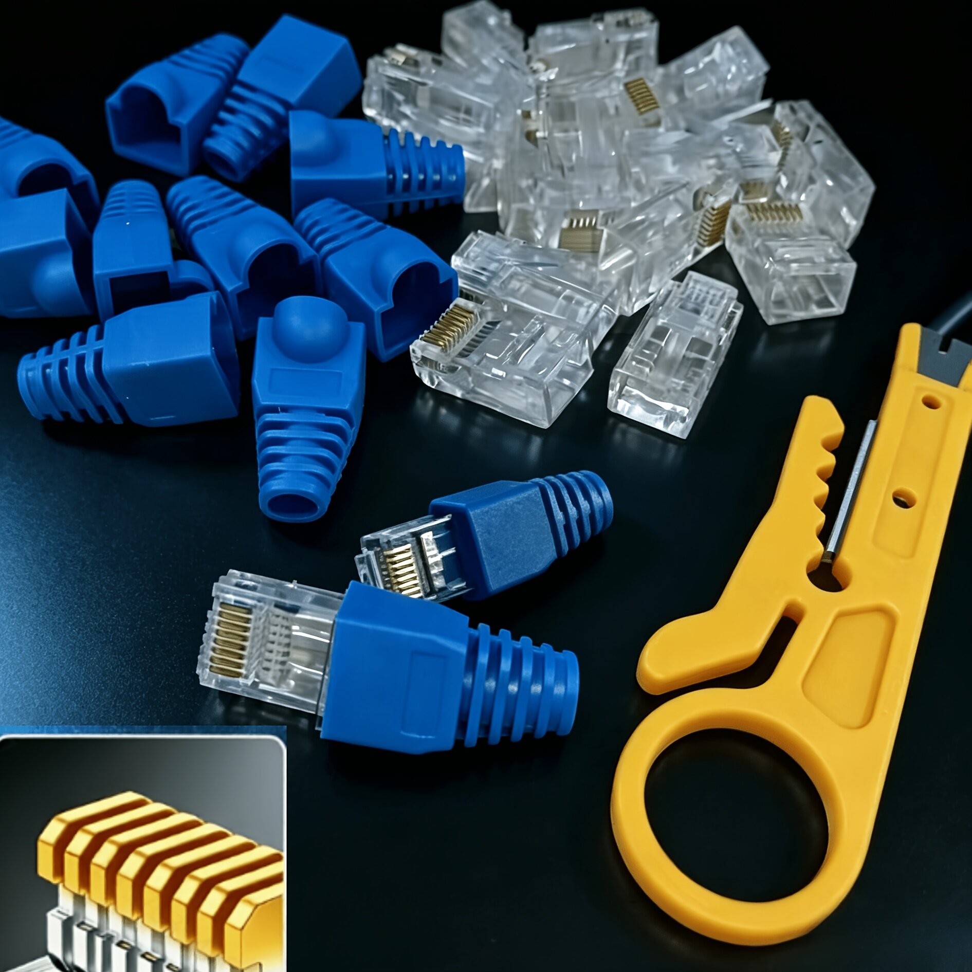 Набор позолоченных коннекторов RJ45 8P8C (18 шт.) с разноцветными защитными колпачками и стриппером, совместимых с CAT6/CAT5E/CAT5, помехозащищенные