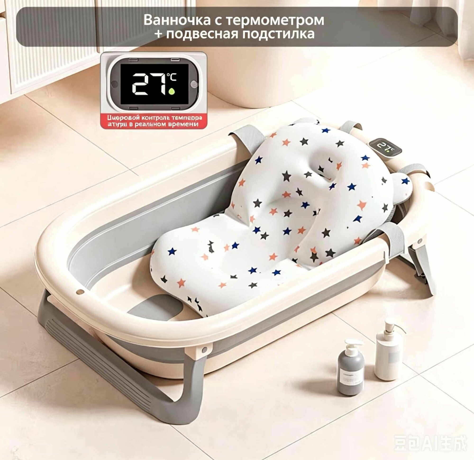 Складная детская ванночка с термоконтролем и увеличенным объёмом
