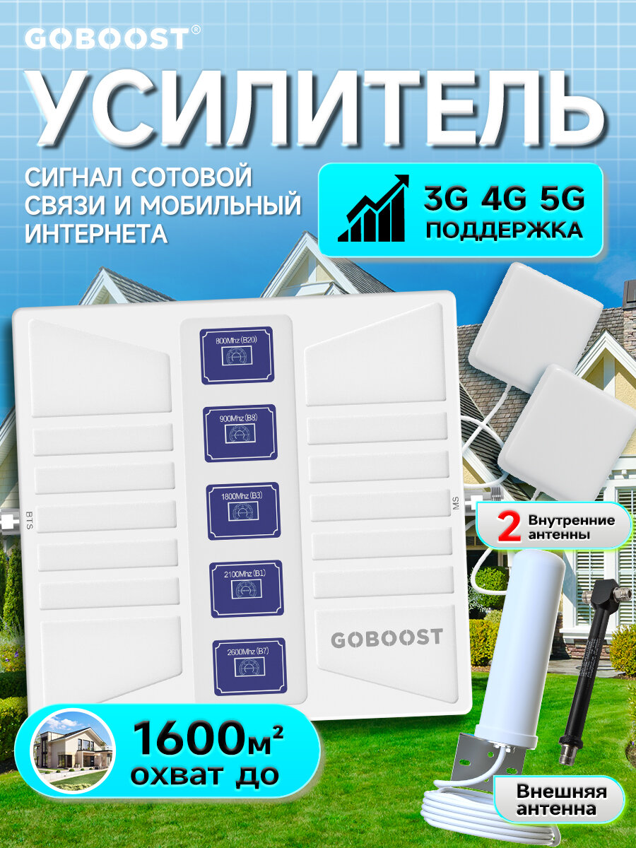 Усилитель сигнала сотовой связи и интернета Репитер LTE, 5G, 4G, 3G, 2G 800/900/1800/2100/2600МГц до 1600 м2 для России