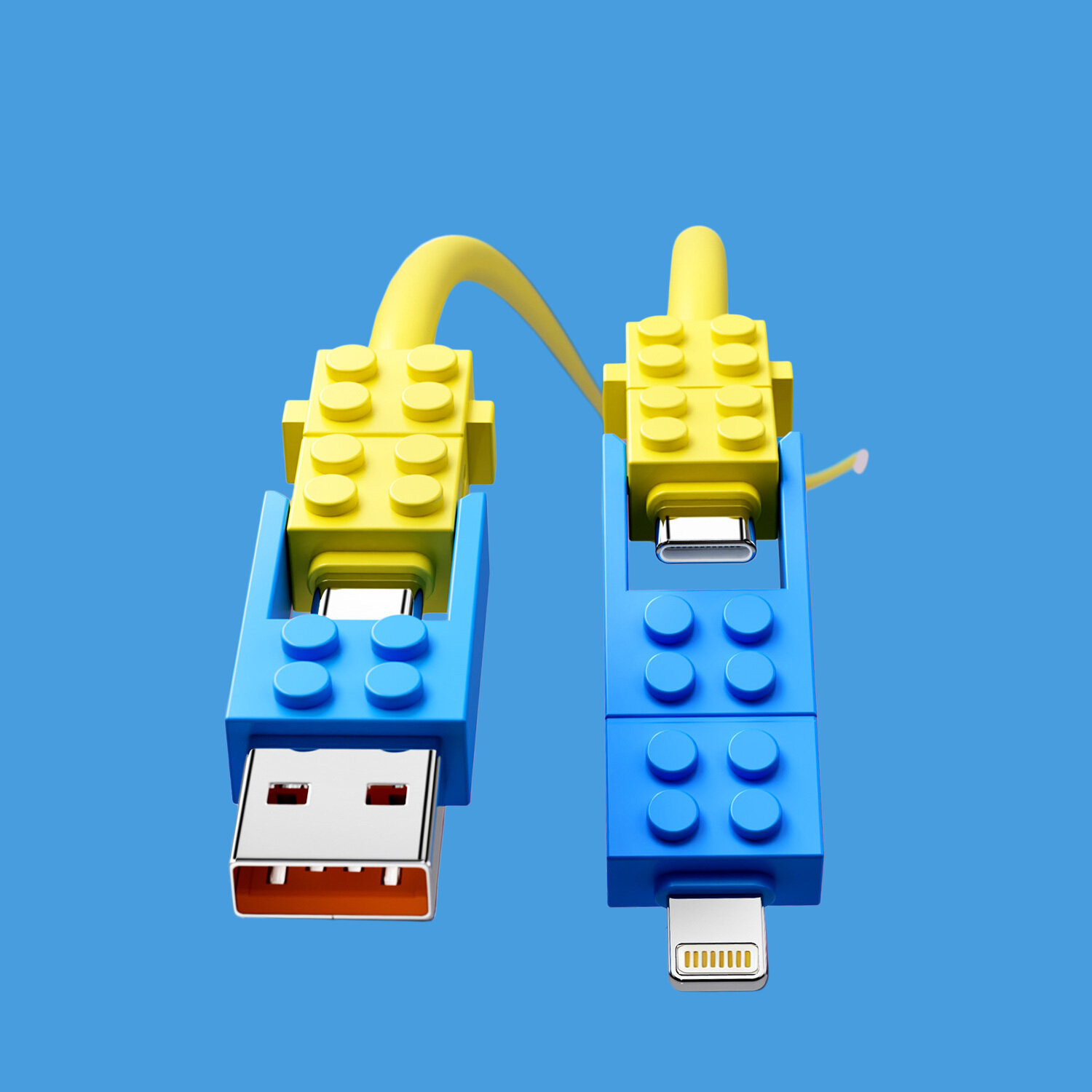 Зарядный кабель GXLHR 4-в-1, быстрая зарядка, двойной порт USB/Type-C/Lightning, 100 см, жёлто-синий