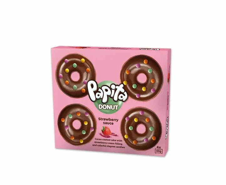 Кекс PAPITA DONUT с какао глазурью, клубничной начинкой и цветным драже, 160 гр