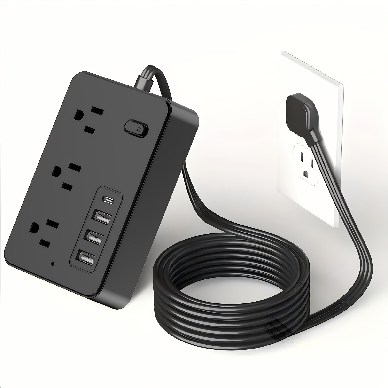 Сетевой фильтр-удлинитель на 6 розеток и 3 USB (1 USB-C), плоская вилка 1.5 м, черный