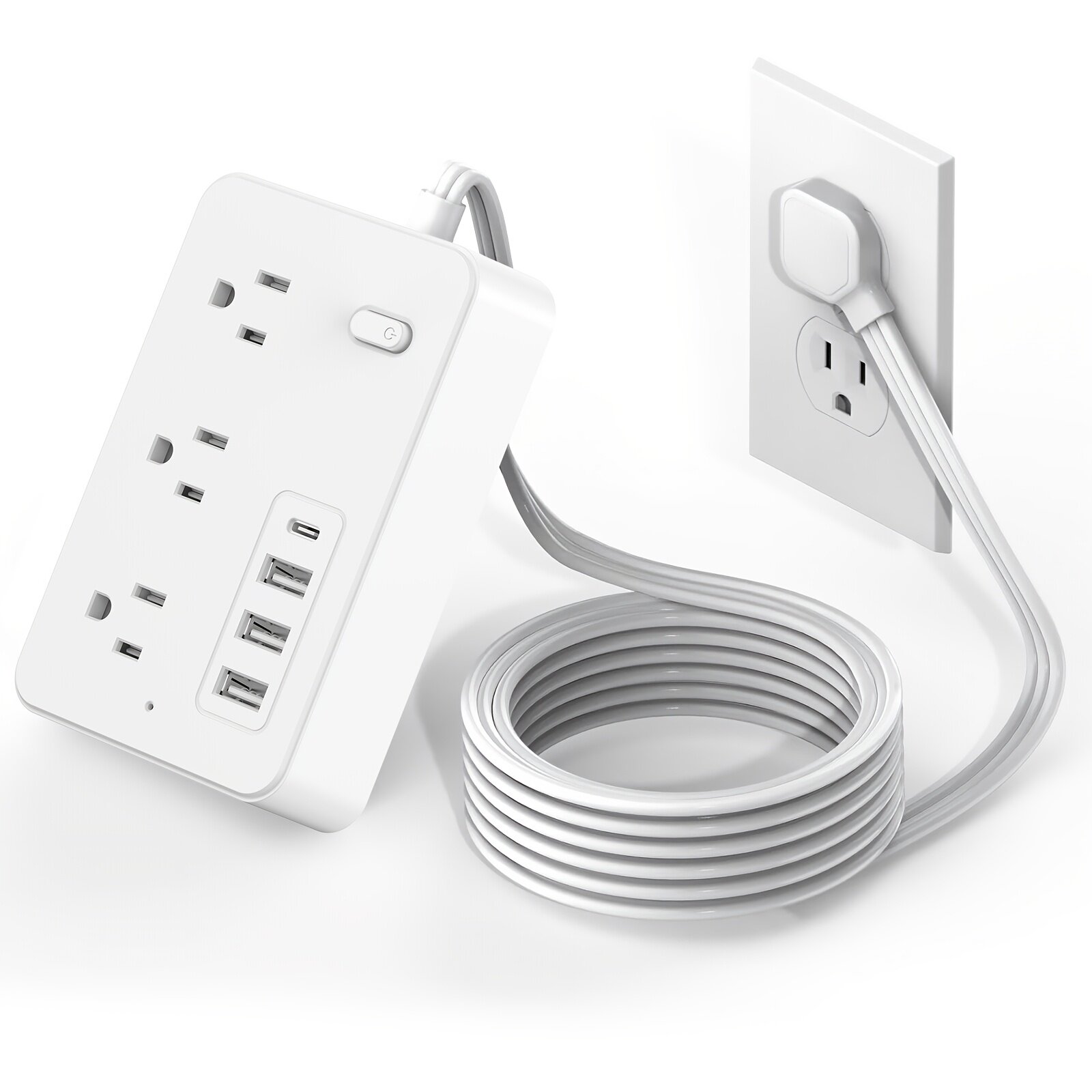 Сетевой фильтр-удлинитель с 6 широкими розетками и 3 USB-портами (1 USB-C), плоская вилка, кабель 1,5 м, белый