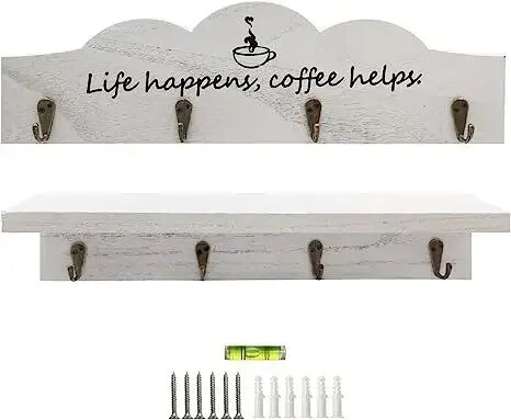 Настенная вешалка с полкой "Life happens, coffee helps" (2 шт)