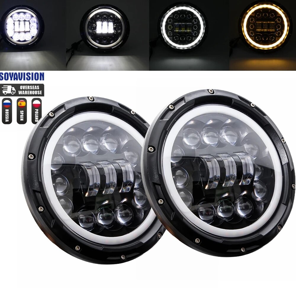 7" LED фара H4 90W, 2 шт, для Jeep Wrangler, Land Rover Defender
