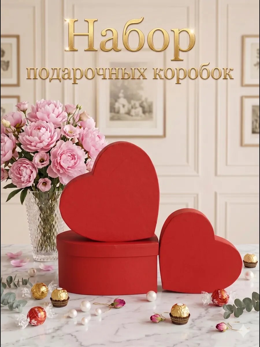 Подарочные коробки 3 в 1 сердца "Красный" 21 х 19 х 9 - 15.5 х 14 х 6 см
