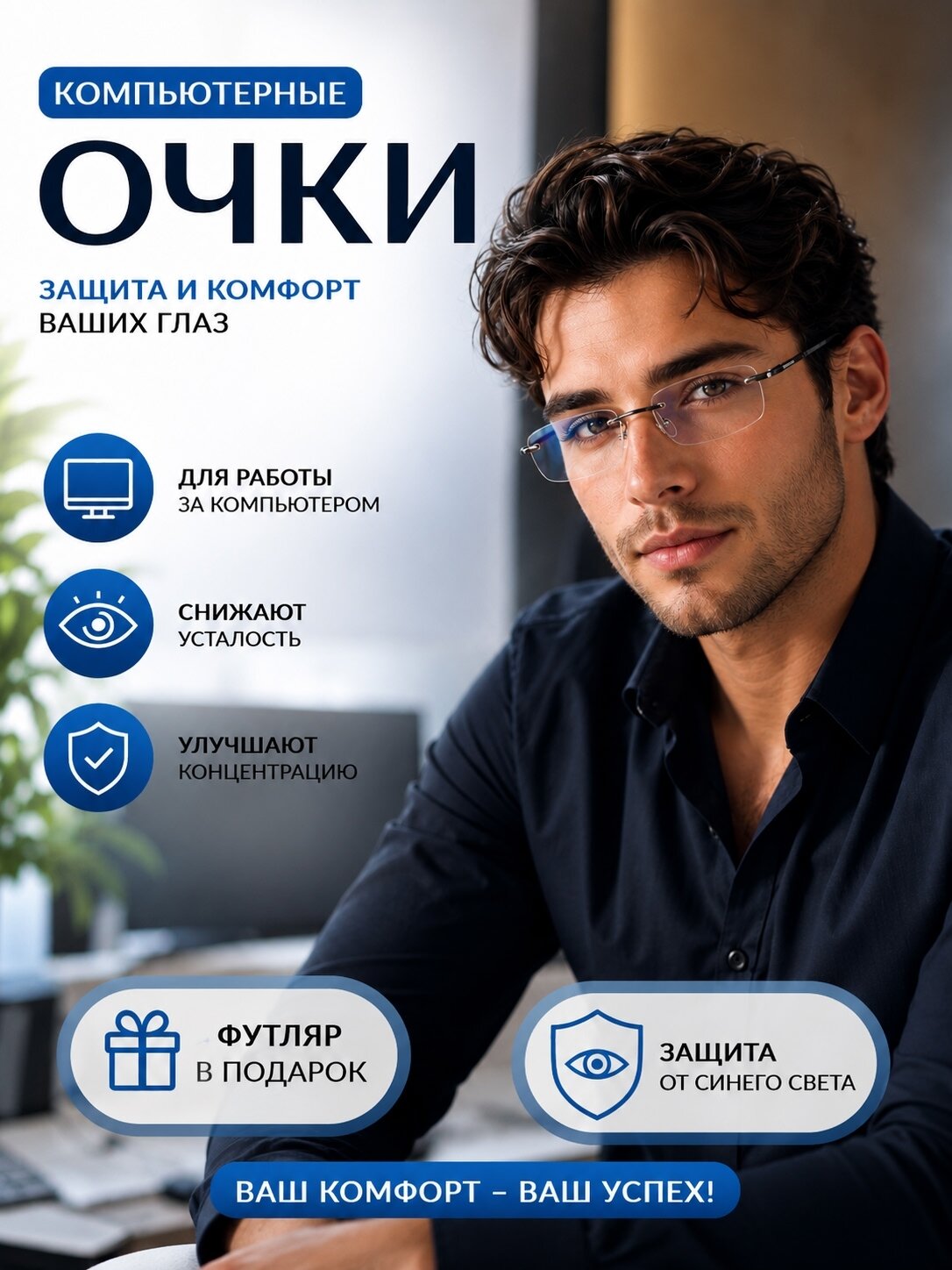 Мужские эргономичные компьютерные безободковые очки с защитой от синего света