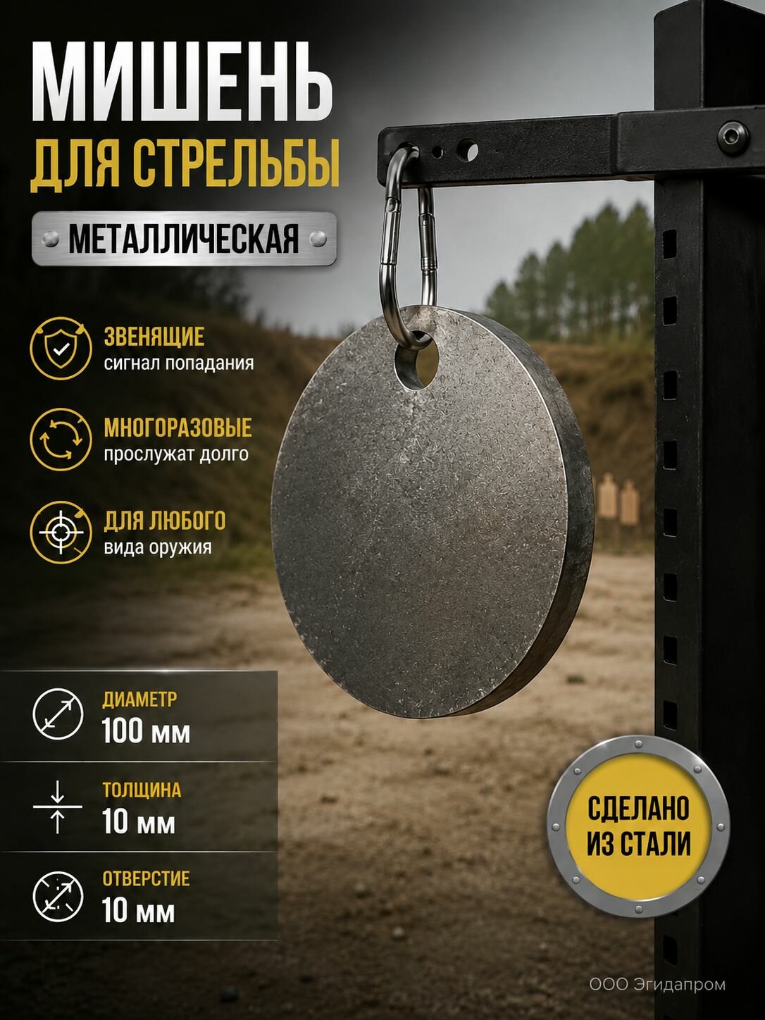 Мишень 100 мм для стрельбы (тип Гонг) металлическая - 10 мм толщина