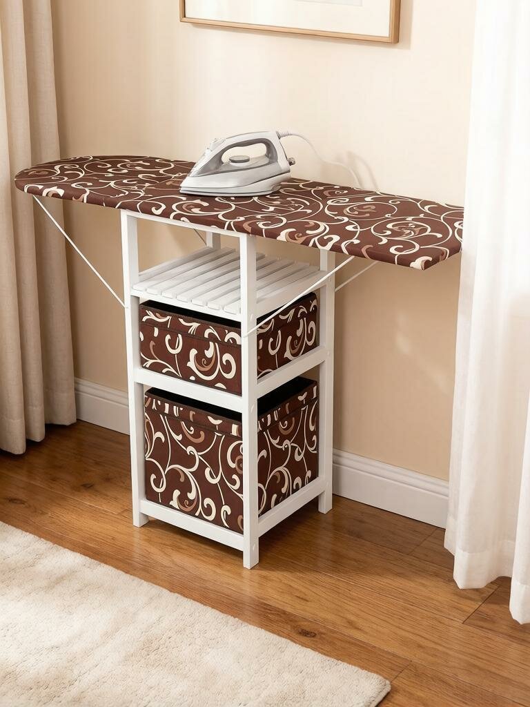 Гладильный комод K-home мини с 2 ящиками Белый, ткань коричневая