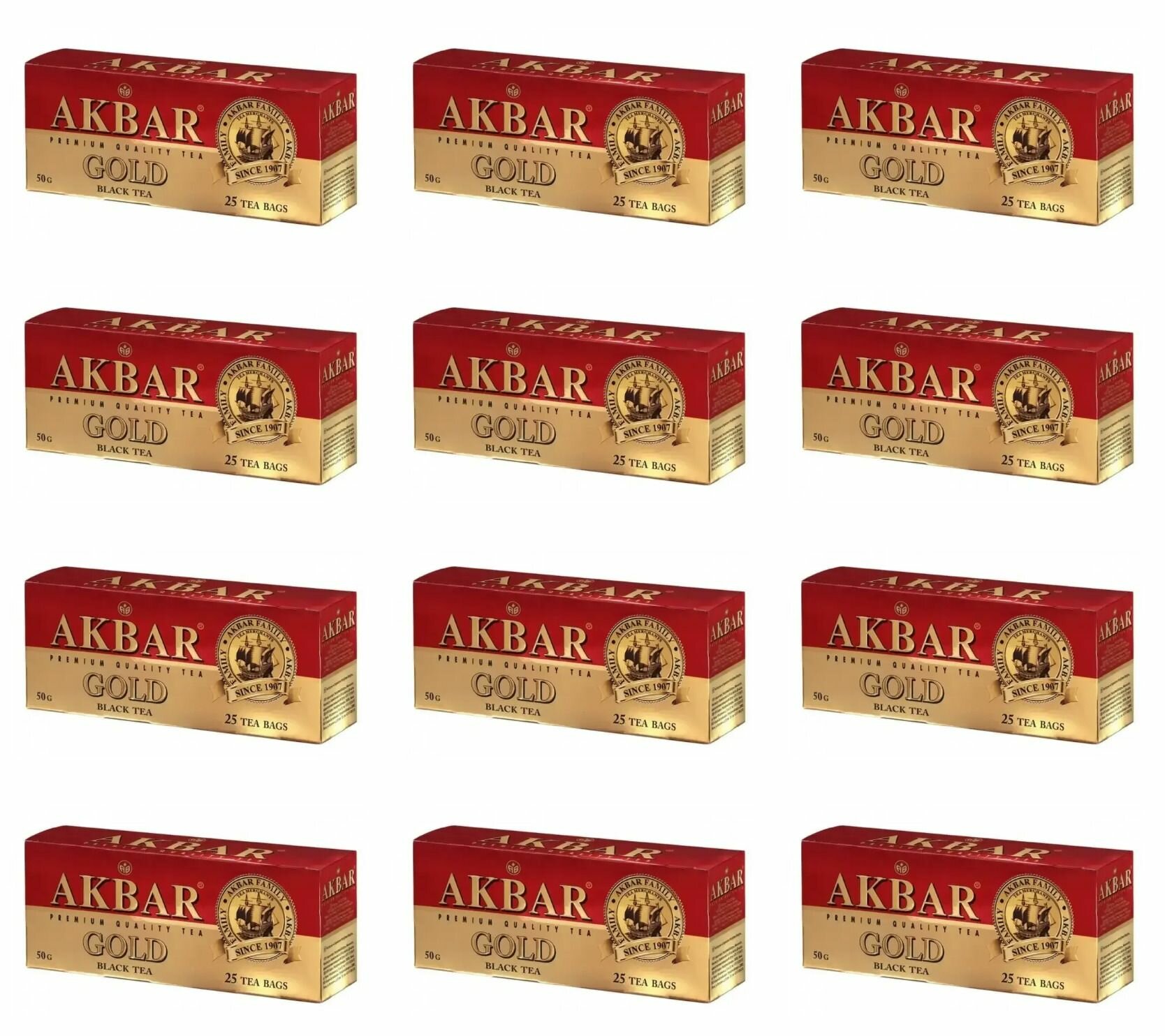 Akbar Золотой Чай черный в пакетиках, 25х2 гр, 12 уп