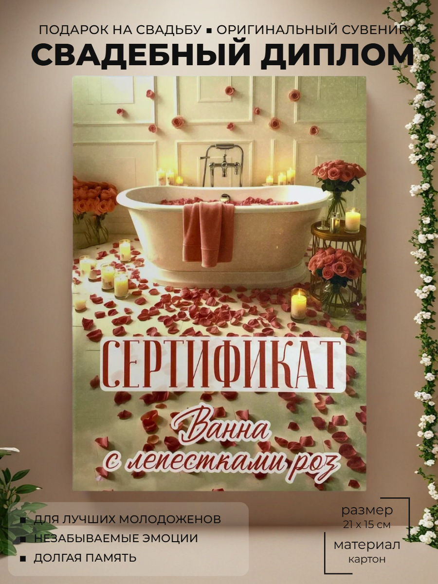 Диплом "Сертификат на ванну с лепестками роз", для свадебного торжества, А5