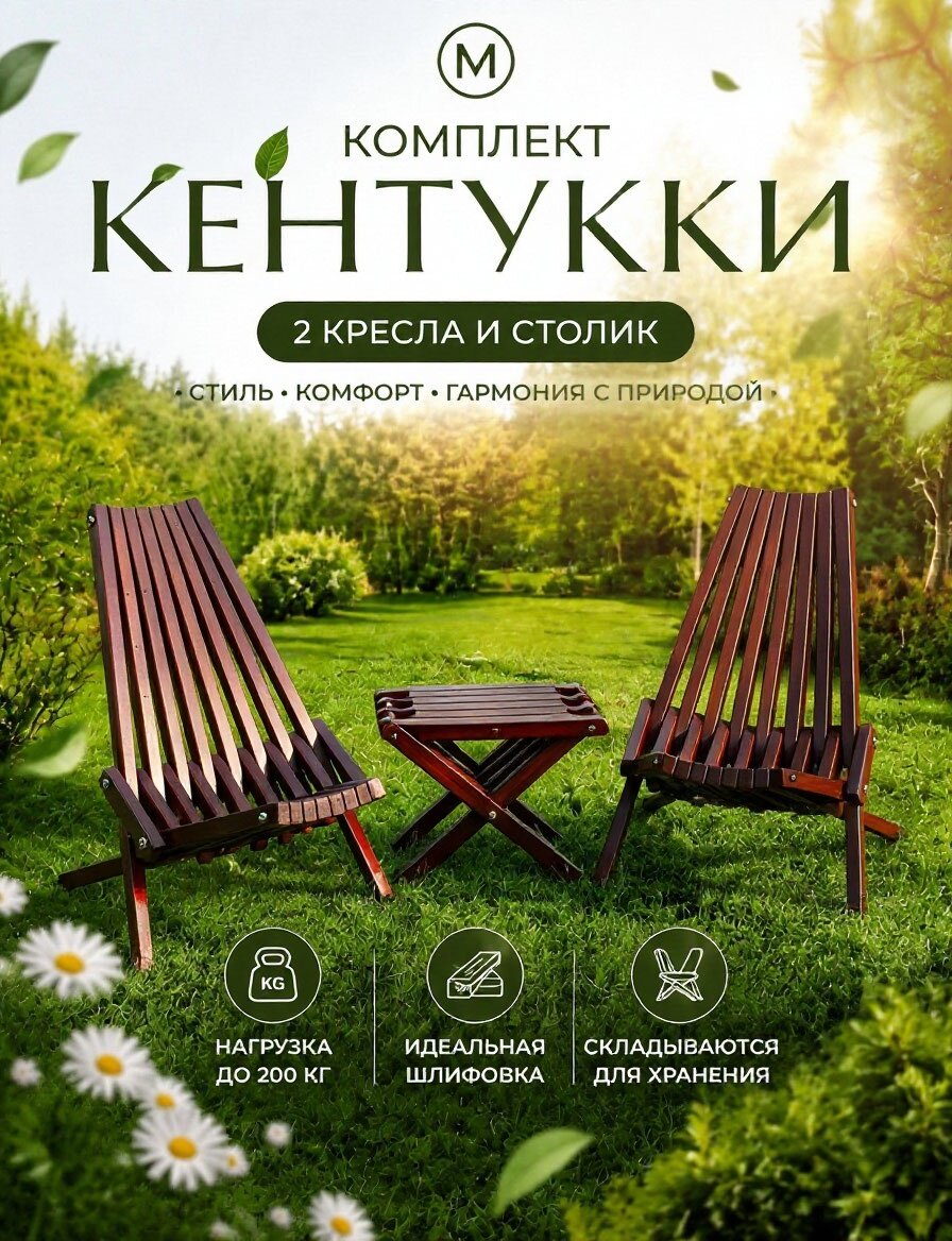 Комплект садовой мебели Кентукки (М), цвета Махагон, 2 кресла шезлонга + 1 столик из массива дерева, натуральная сосна.
