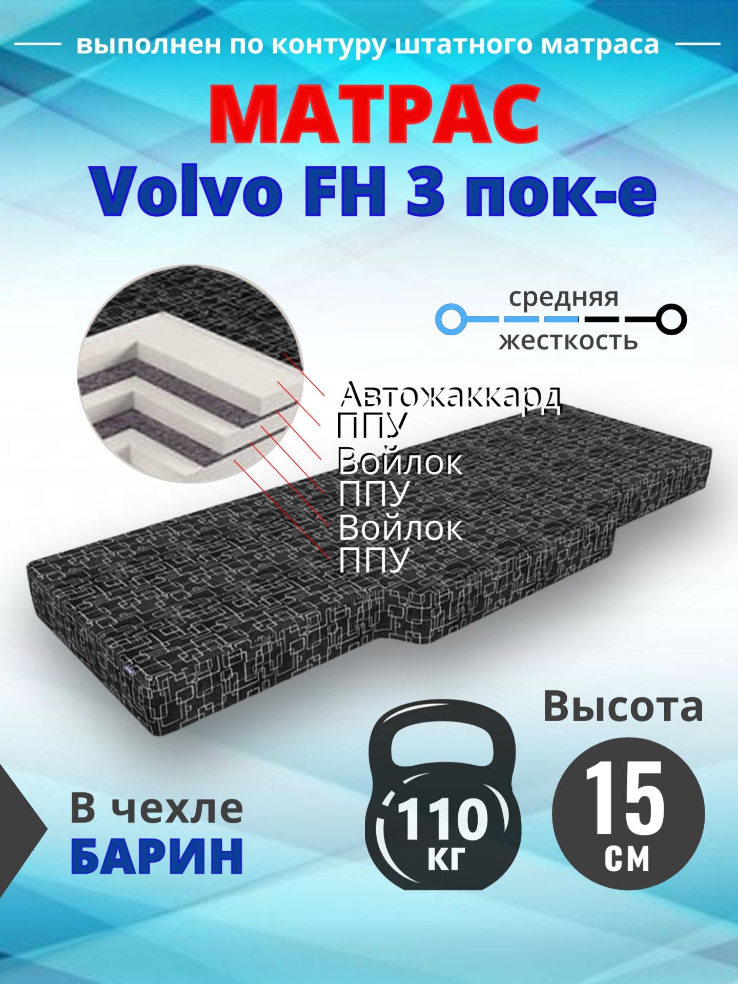 Матрас Volvo FH 3-е поколение - 15 см, беспружинный, нижний спальник, матрас Вольво ФШ 3, 200x76 см