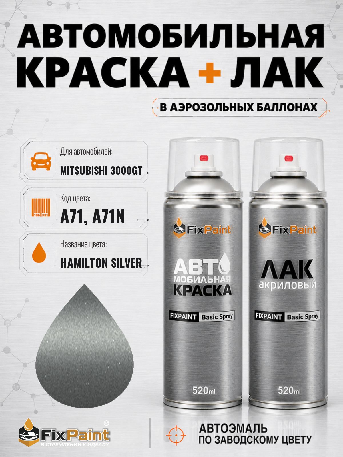 Краска и лак для MITSUBISHI 3000GT, код A71, A71N, HAMILTON SILVER, автомобильная эмаль базовая и акриловый глянцевый лак FixPaint в аэрозольных баллонах 520 мл