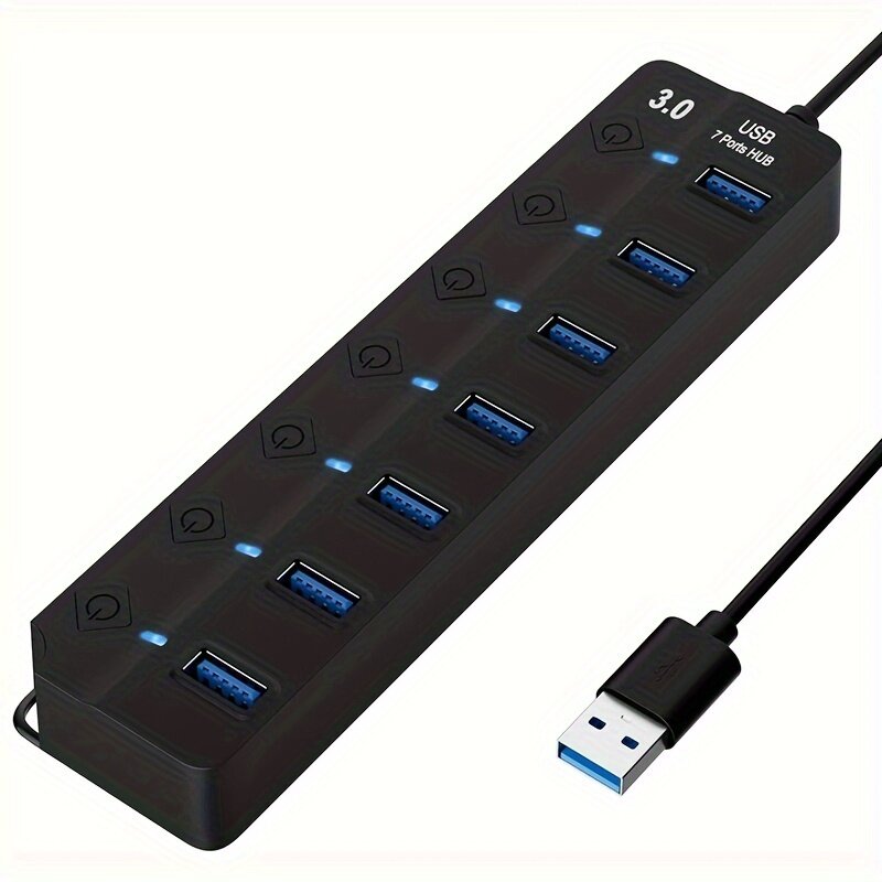 USB-хаб 3.0, разветвитель на 7 портов с индивидуальными выключателями и индикаторами для ноутбуков, ПК, игровых консолей, флешек и внешних жестких дисков