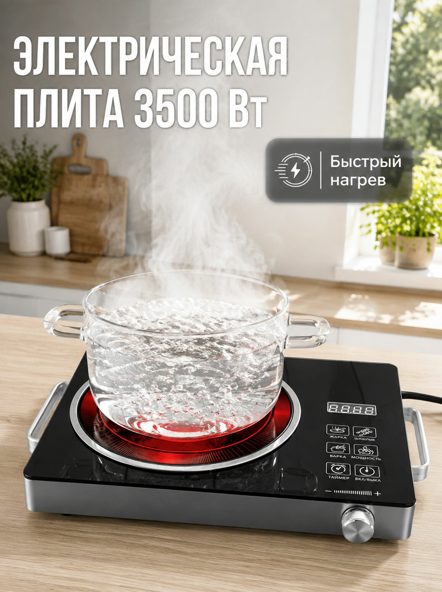 Плита электрическая настольная инфракрасная Booyip для кухни и дачи, стеклокерамическая одноконфорочная электроплитка с ручками, 3500 Вт, черный