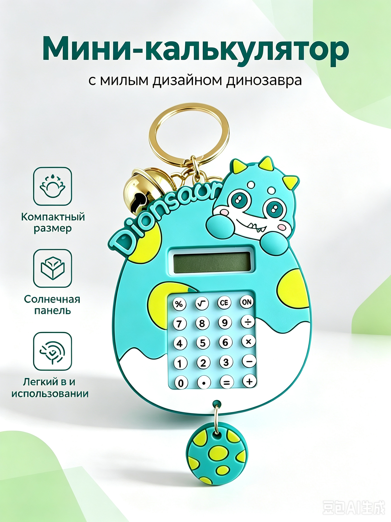 Калькулятор-брелок, дизайн динозавр, компактный размер, быстрый расчёт, для школы офиса и подарка