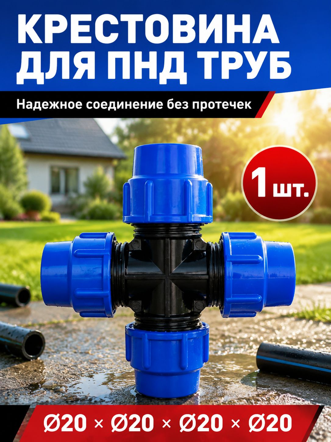 Крестовина компрессионная для ПЭ труб, четырехходовой фитинг для водопровода и полива20x20x20x20mm