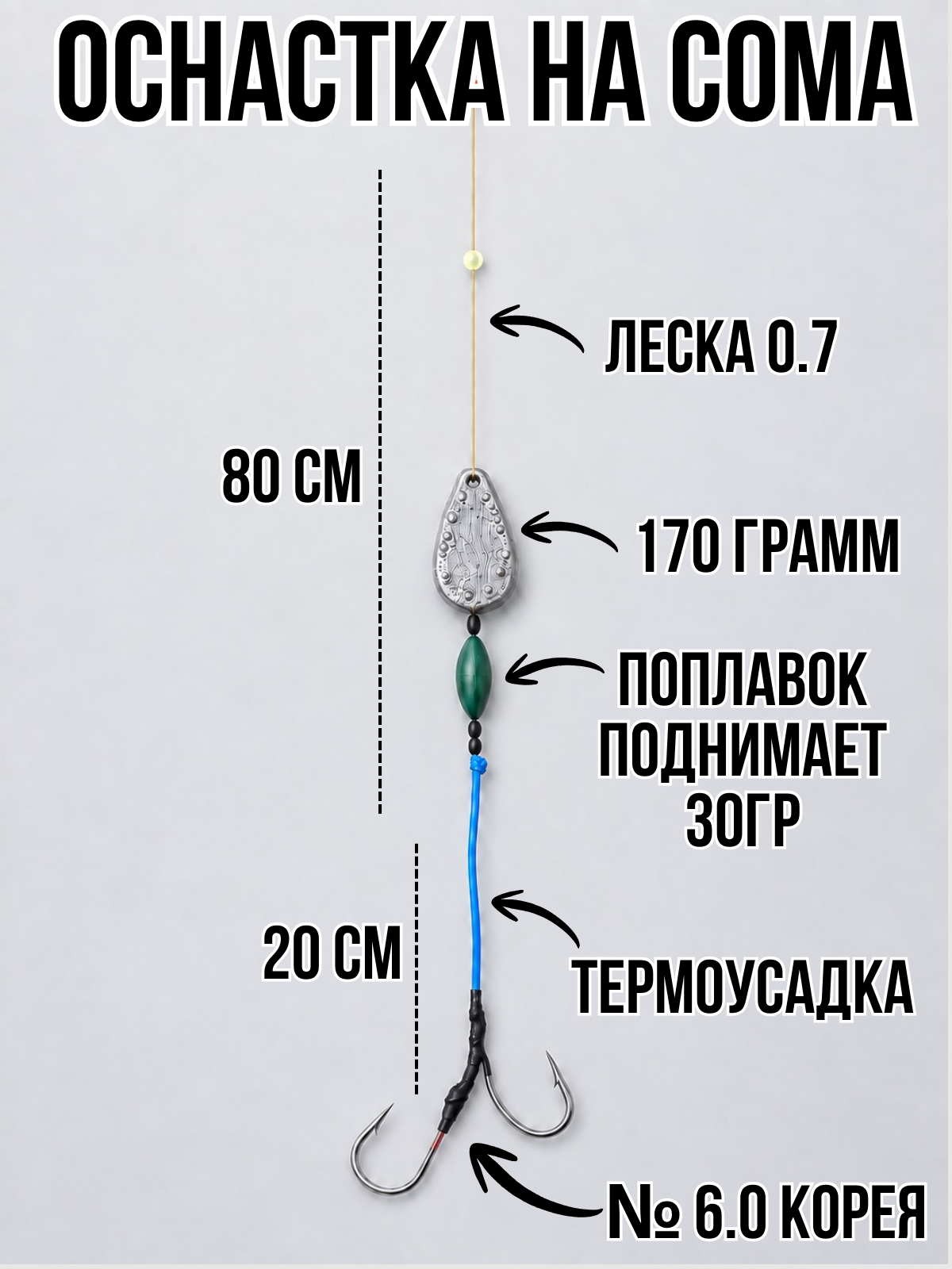 InterFish донный монтаж на сома на леске, грузило 170 г, 2 крючка №6, длина 1 м