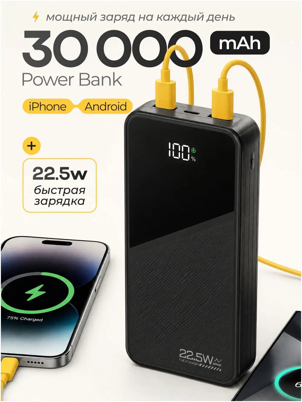 Повербанк 30000mah с быстрой зарядкой, Внешний аккумулятор 30000