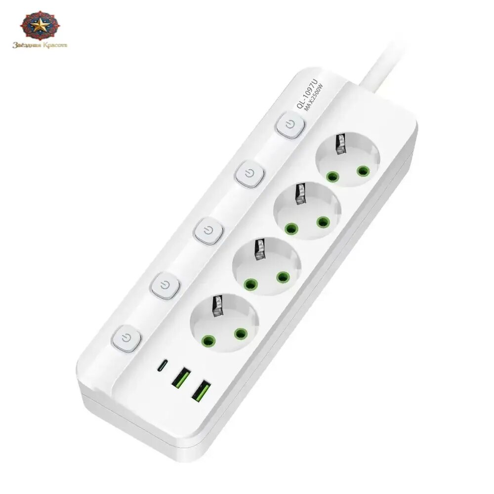 Полоса питания 2/3/4/5 позиции независимого розетки управления с 2 портами USB 1 типа C 2м