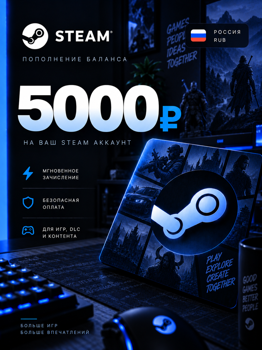 Пополнение баланса Steam на 5000 рублей — регион Россия, по логину
