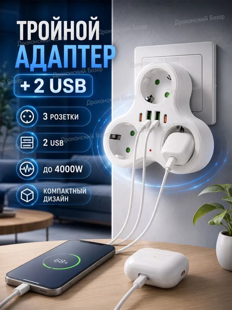 Розетка с USB переходник, тройник с заземлением 250В 16А, евростандарт, для дома и офиса