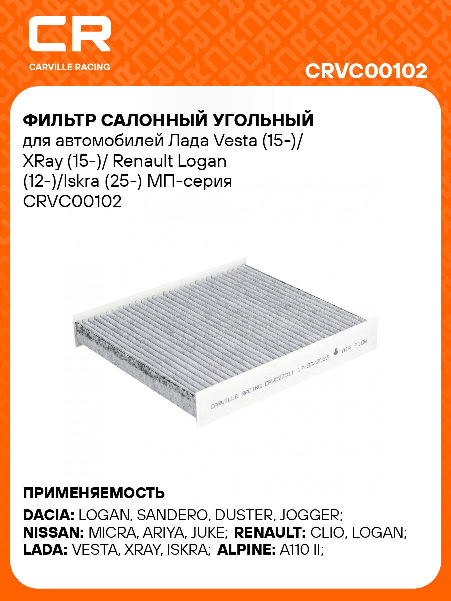Фильтр салонный угольный для Лада Vesta (15-)/ XRay (15-)/ Renault Logan (12-) 272773151R CARVILLE RACING CRVC22011