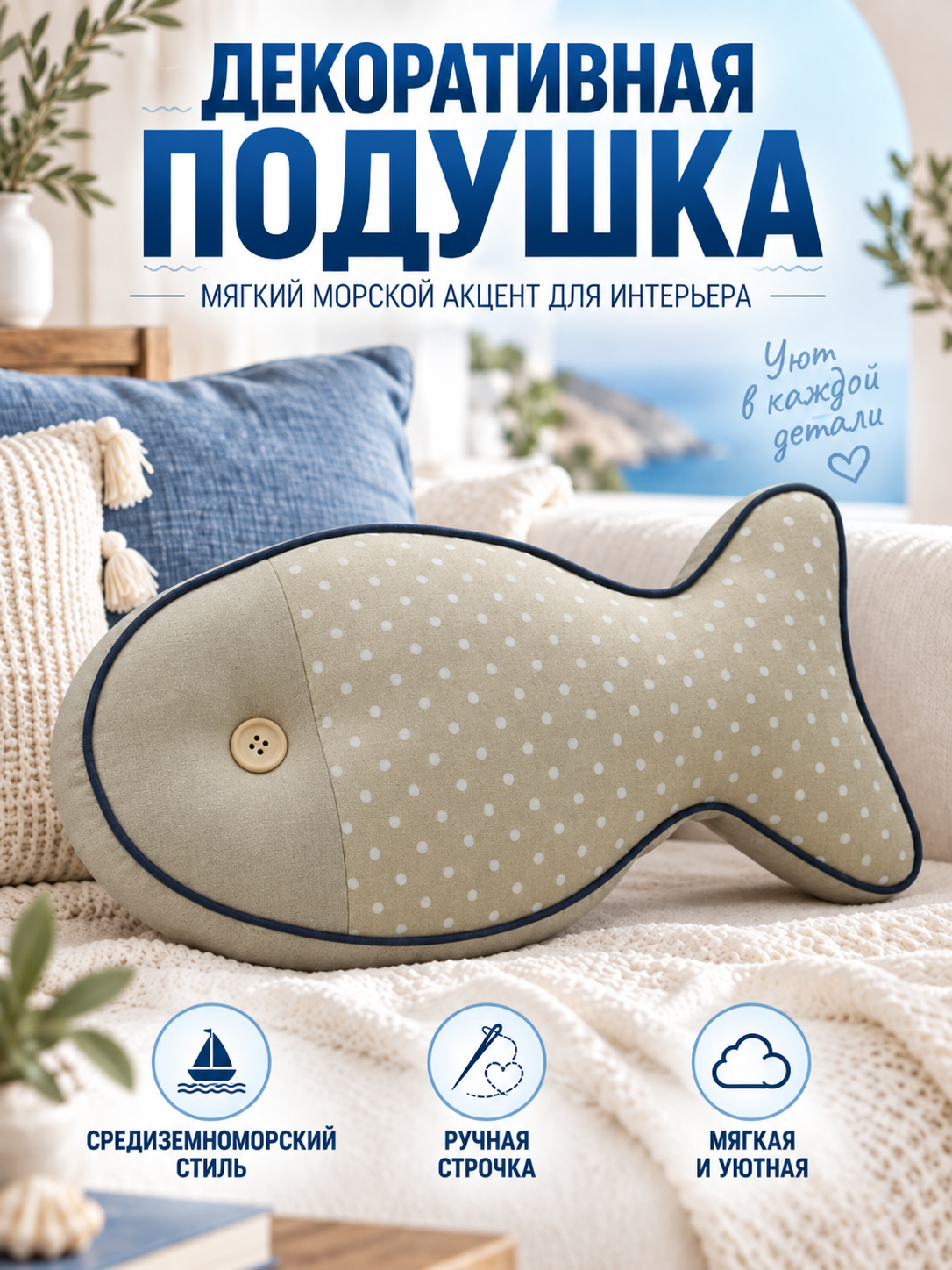 Декоративная подушка в форме рыбы, мягкая тканевая подушка в средиземноморском стиле для дивана в гостиной
