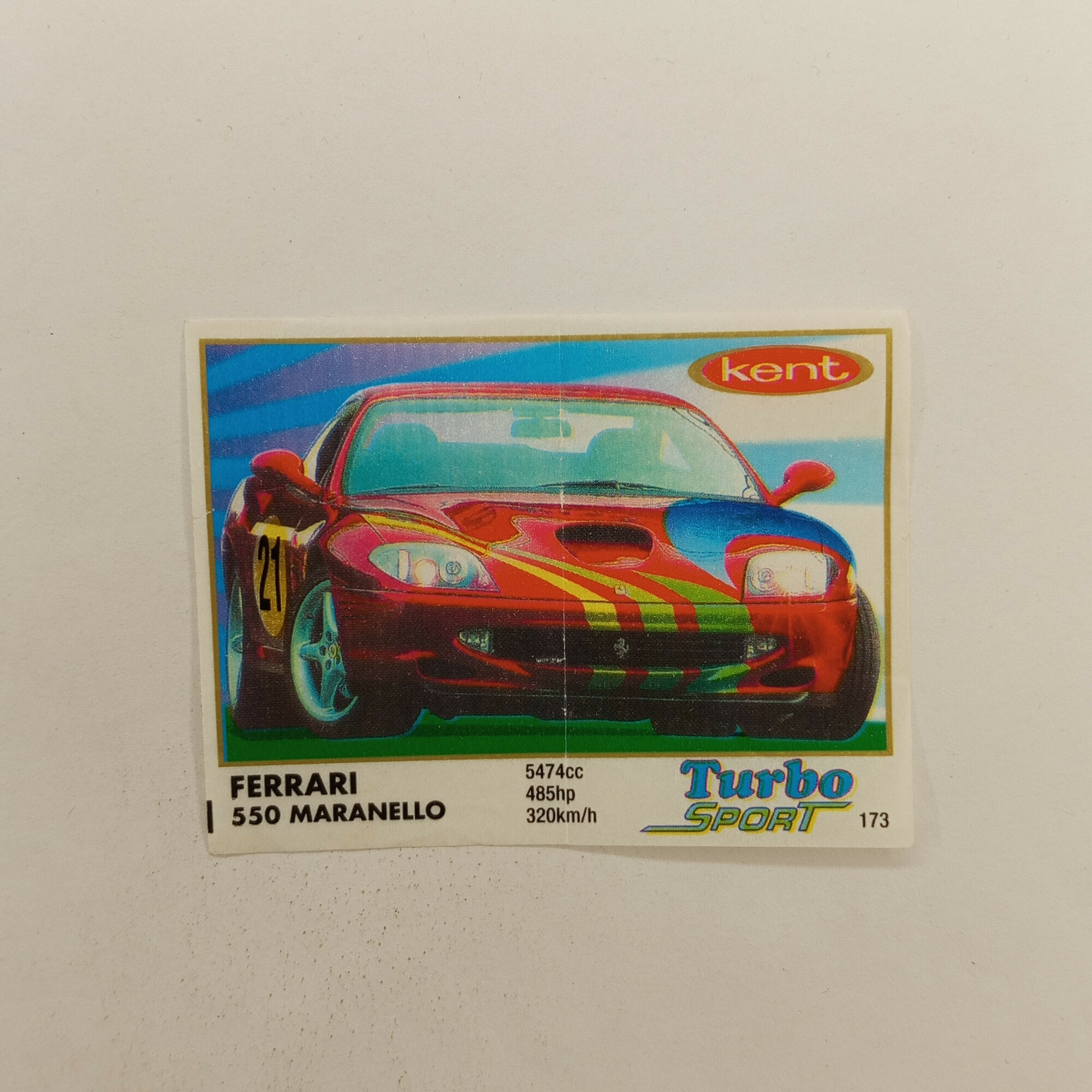 Вкладыш жевательной резинки винтажный. Ferrari 550 Maranello, спортивный автомобиль. Винтаж