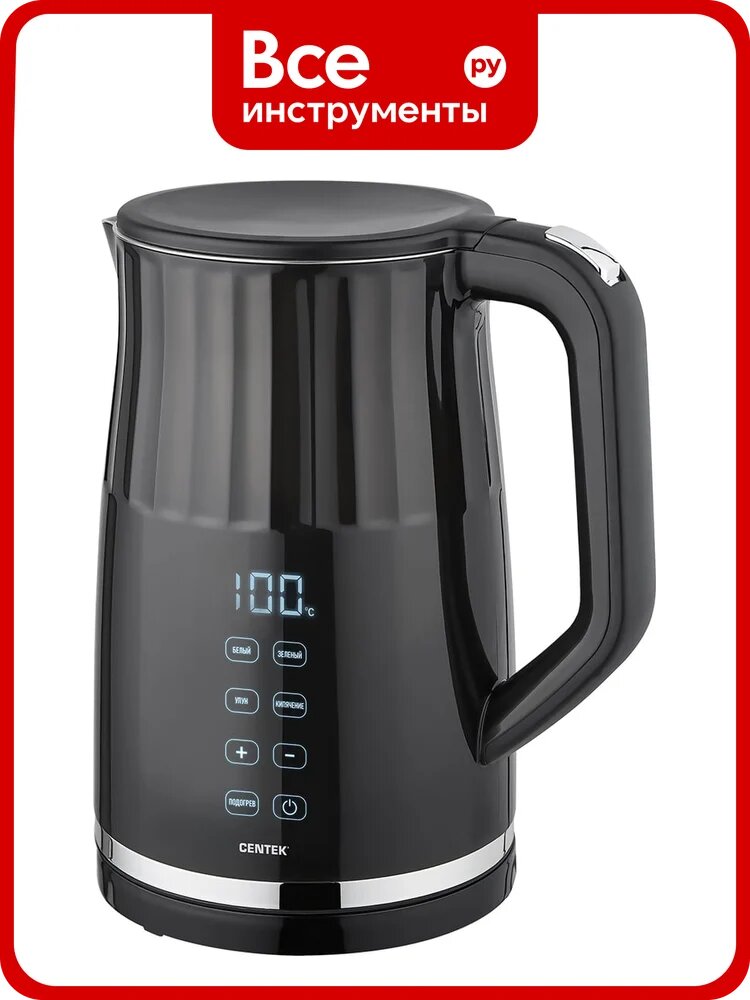 Чайник Centek черный, 1,7 л, 2200 Вт, 2 стенки, сталь без шва, LED-дисплей, t:70/80/90/100С, сенсор CT-0038