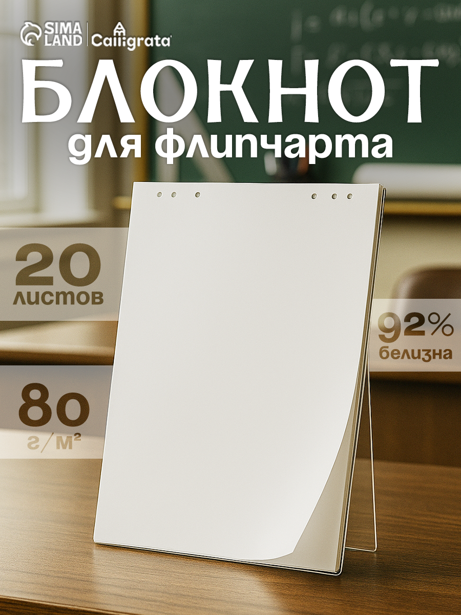 Блокнот для флипчарта Calligrata, 67.5 х 98 см, 20 листов, 80 г/м2, белизна 92%, белый