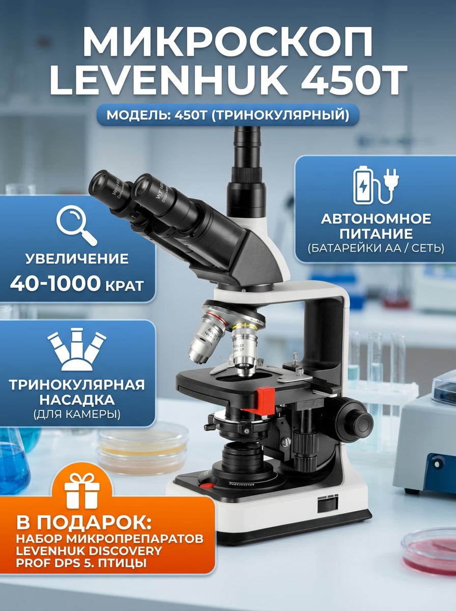 Микроскоп тринокулярный Levenhuk 450T в комплекте с набором микропрепаратов Levenhuk Discovery Prof DPS 5. Птицы