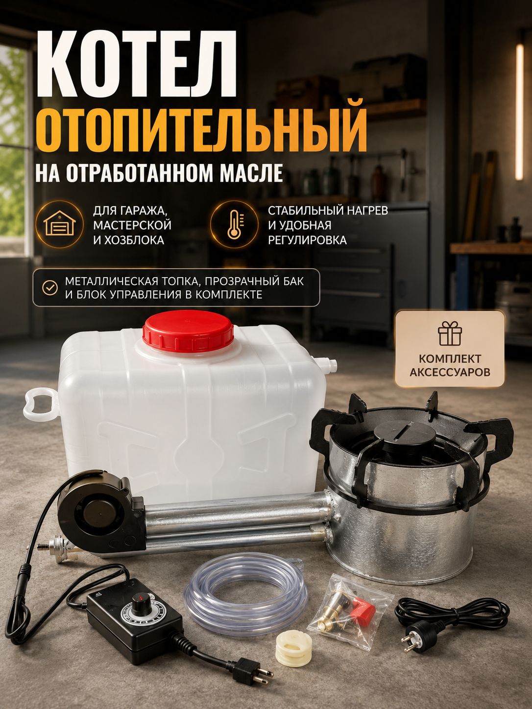 Котел отопительный на отработанном масле для гаража и мастерской, комплект с баком и регулятором подачи топлива