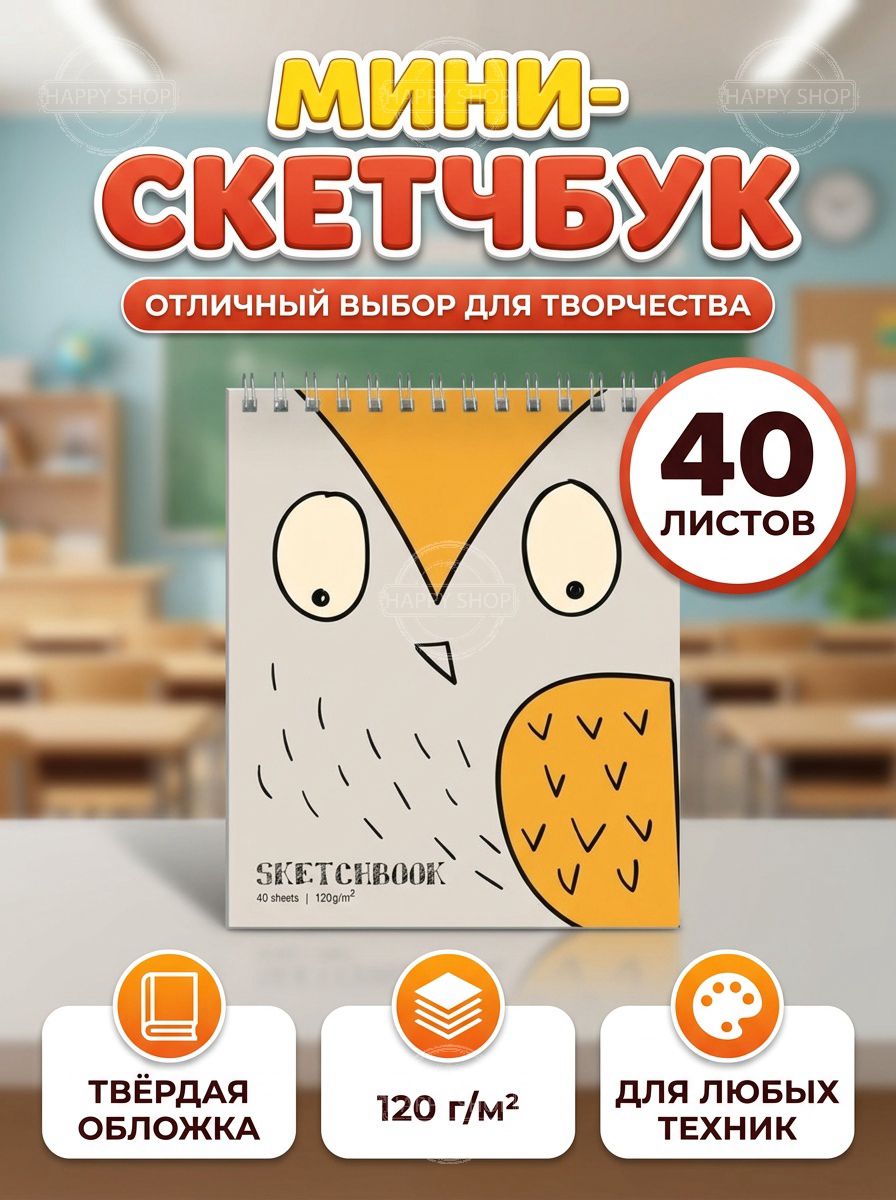 Скетчбук 40 листов 118x145 мм на гребне твердая обложка Удивленная сова для творчества