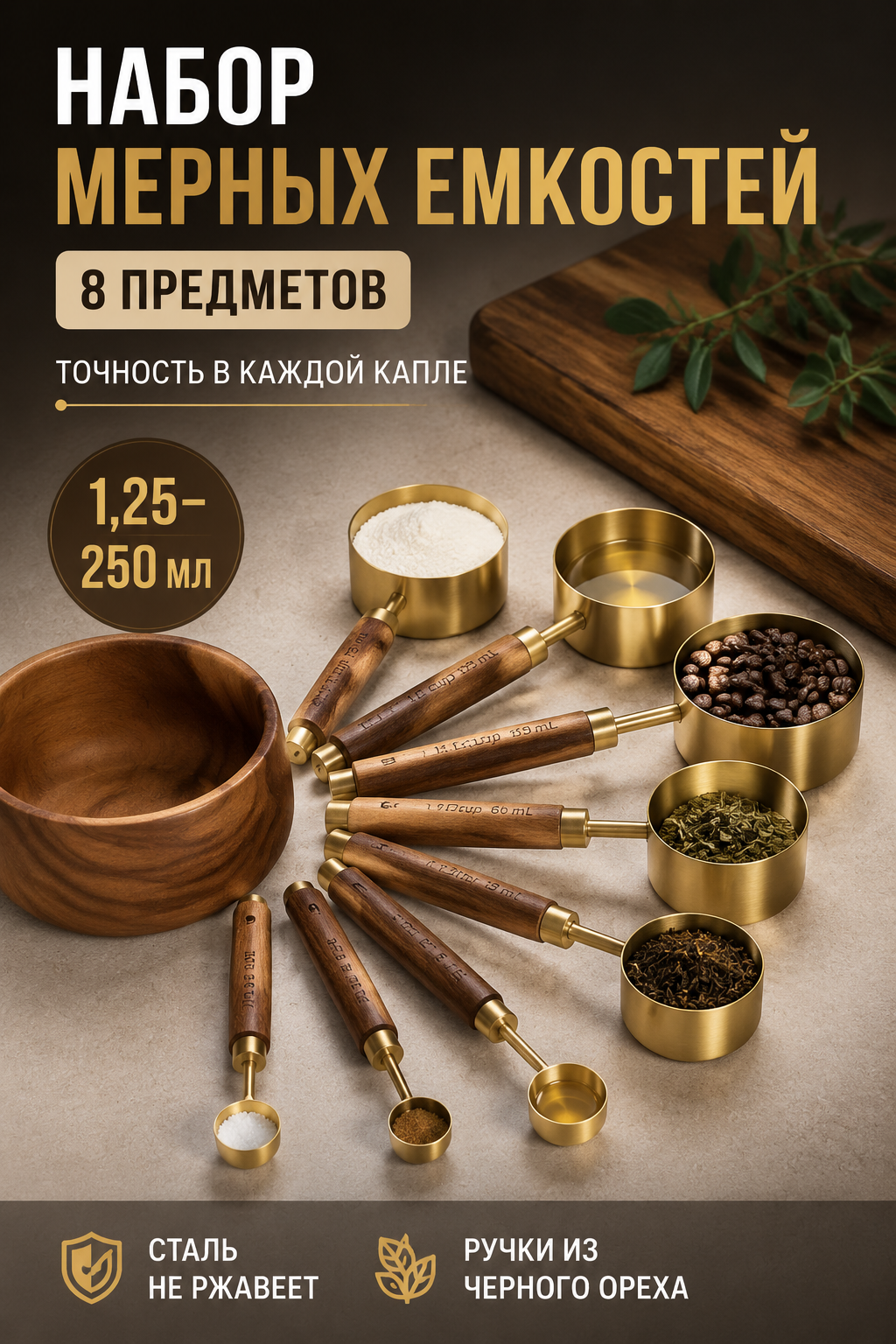 Набор мерных емкостей из стали и черного ореха, 8 предметов, 1,25–250 мл