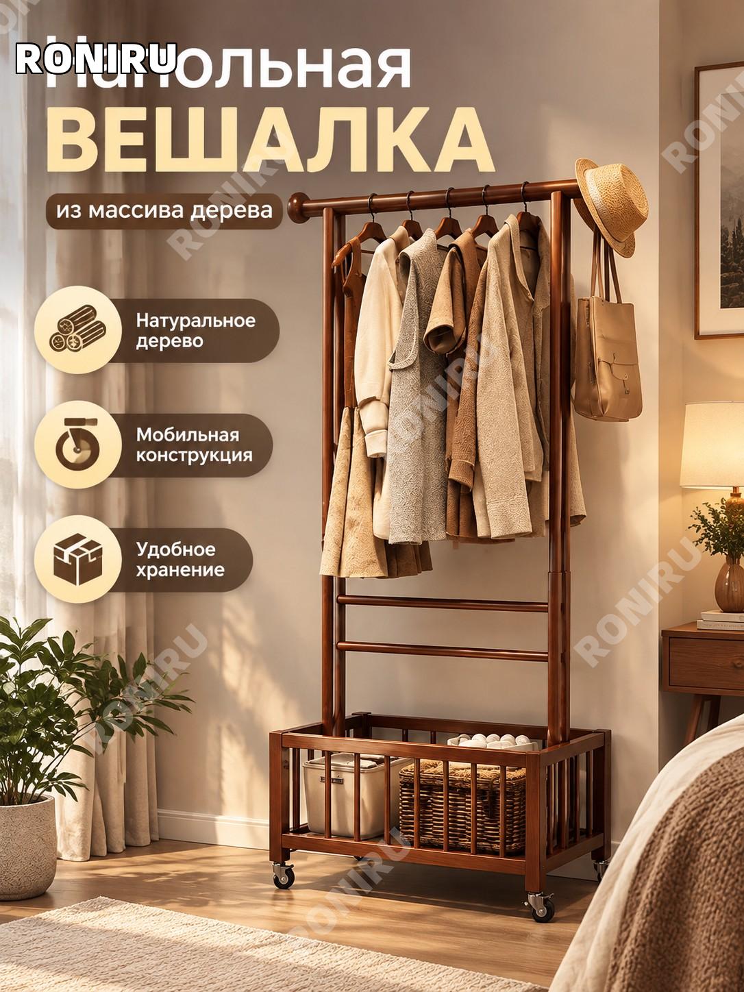 Напольная вешалка для одежды из массива дерева60 см, орех, на колесиках