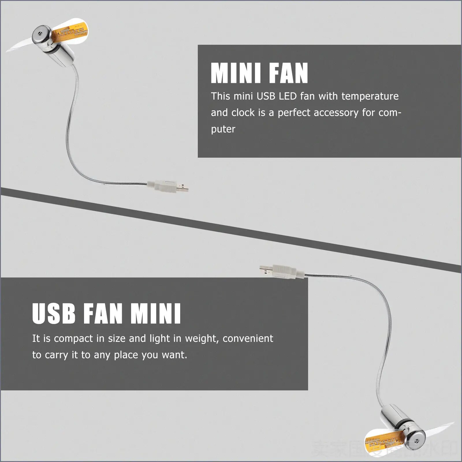 Мини usb вентилятор с led подсветкой и часами из алюминия и пвх для лета