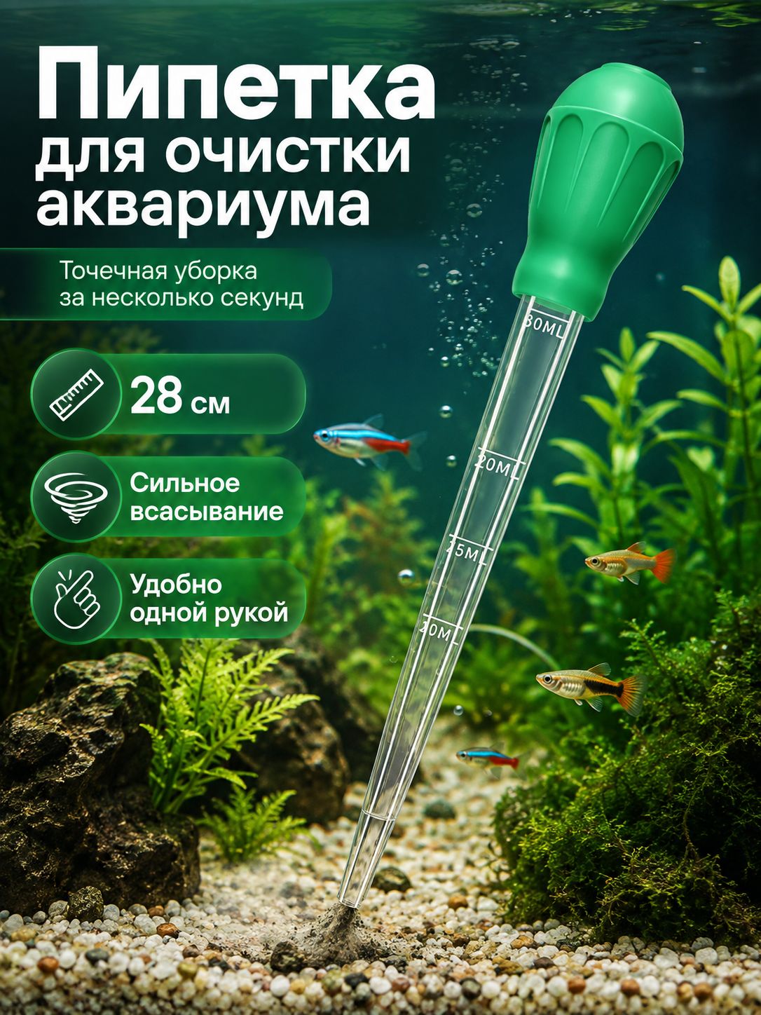 Пипетка для очистки аквариума 28 см, сифон для удаления мусора и остатков корма